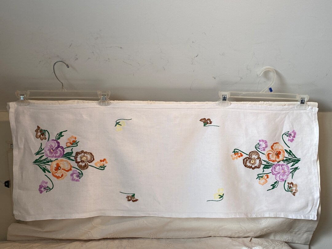 Vintage Embroidered Floral White Linen Table Runner Pansies Hemstitched ...