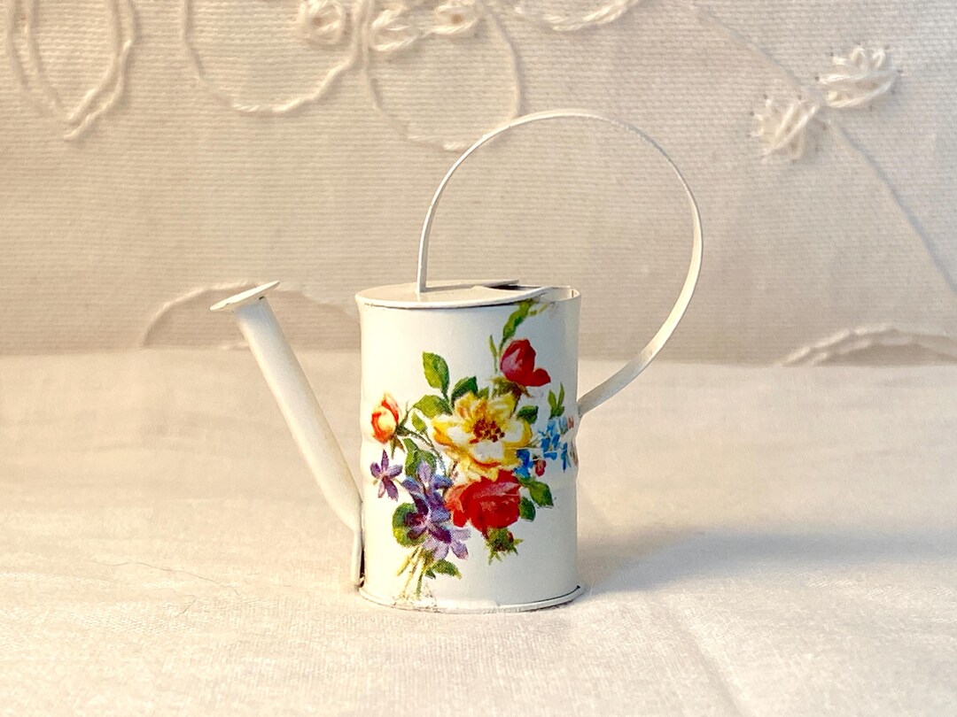 Vintage Miniature Ivory Metal Floral Watering Can Fairy Garden Watering ...