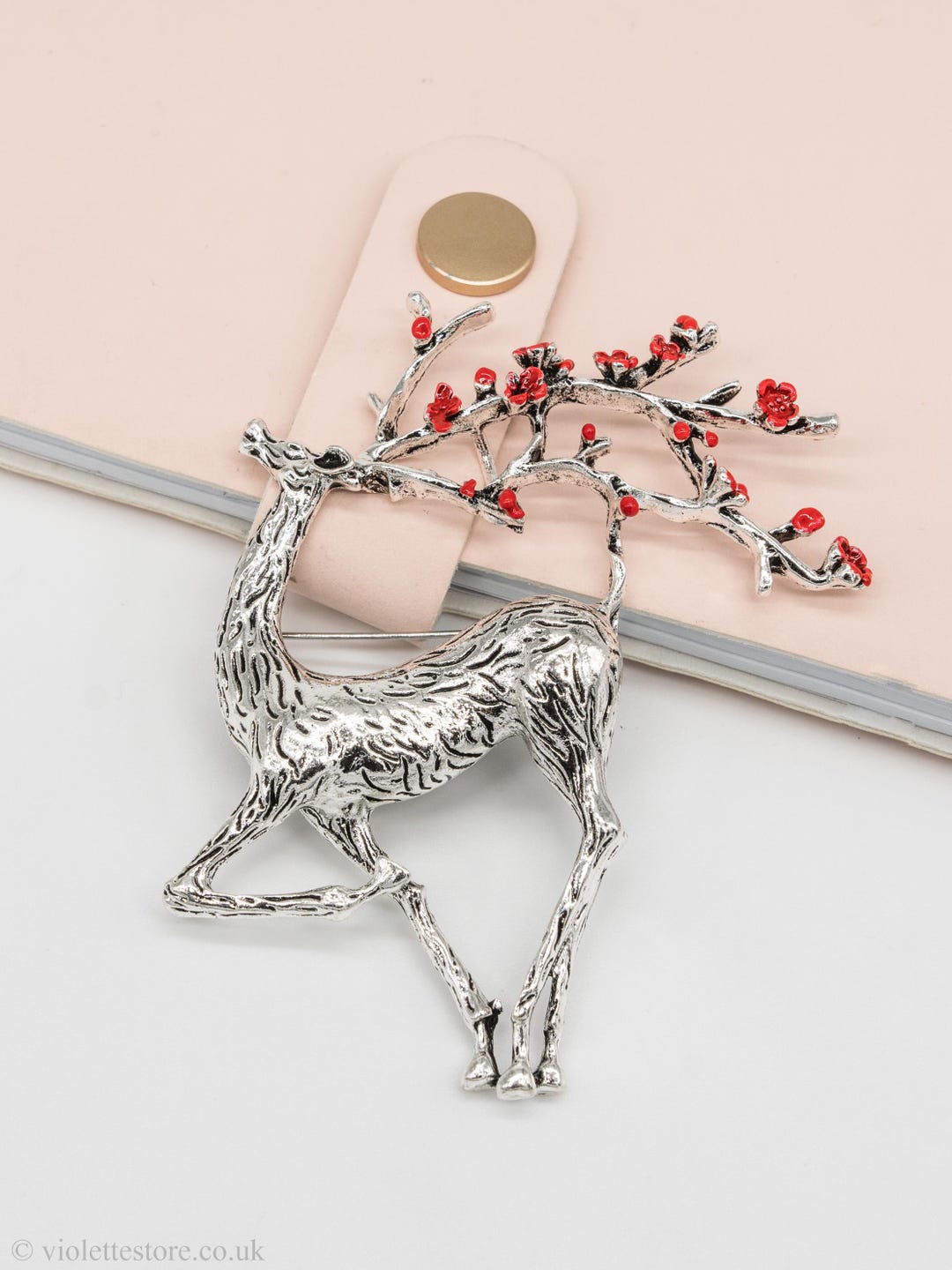 Christmas Deer Brooch, Silver Reindeer Pin With Red Flowers - Etsy
