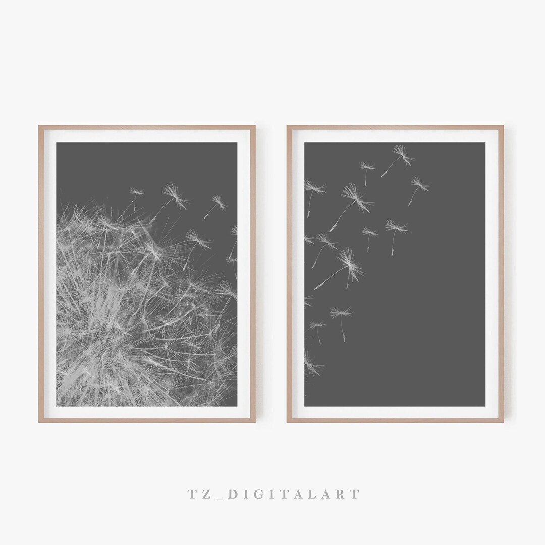 Dandelion Grey Wall Art Print | Set of 2 Prints | Wildflower Botanical ...
