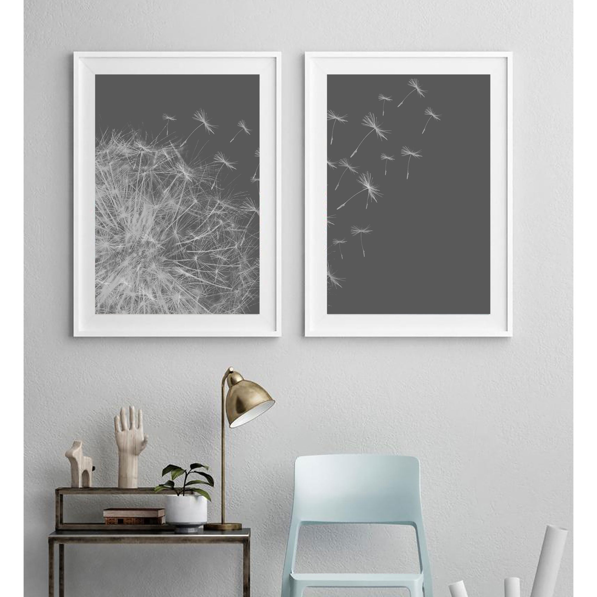 Dandelion Grey Wall Art Print | Set of 2 Prints | Wildflower Botanical ...