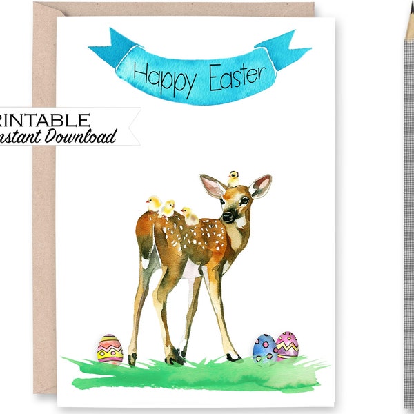 Happy Easter Egg Card Printable, Cute Deer and Baby Chicks Easter Cards ...