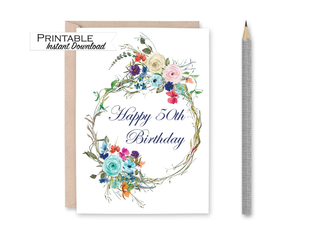 Milestone 50th Birthday Card, Floral Watercolor Card for Her, 50 and ...