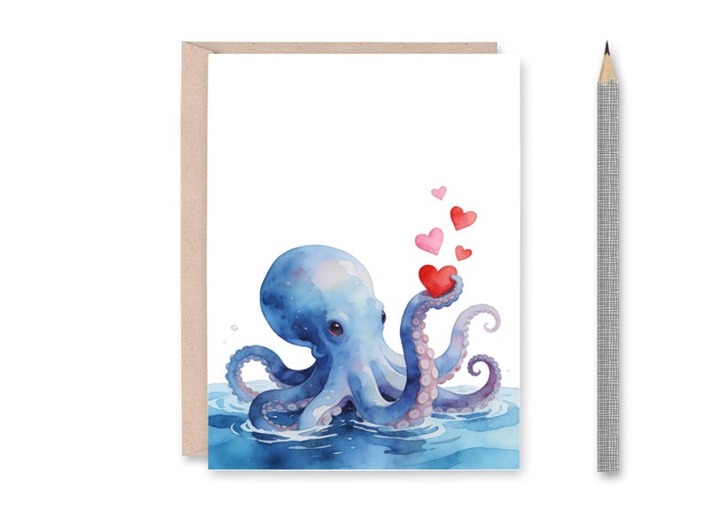 Octopus Valentine Card Printable, Watercolor Ocean Life Anniversary ...