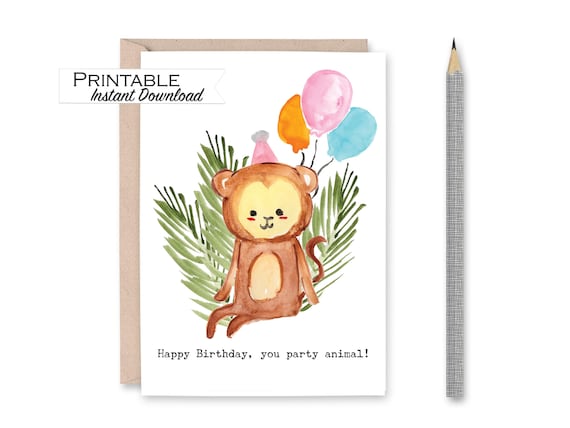Monkey Birthday Card Happy Birthday Printable Party Animal | Etsy