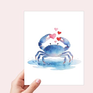 Blue Crab Valentine Card Printable, Watercolor Heart Claws Anniversary ...