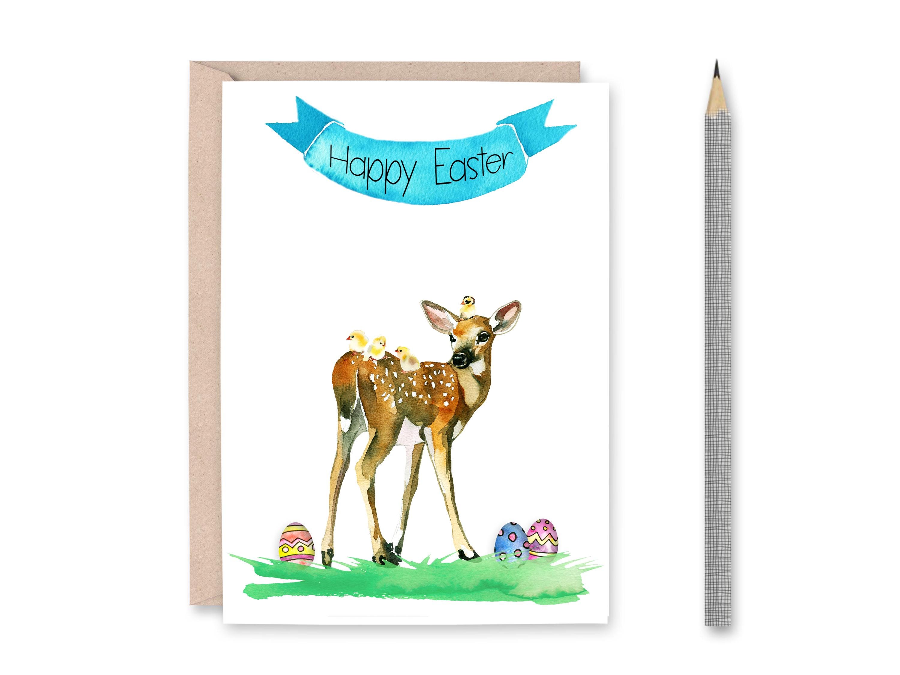 Happy Easter Egg Card Printable, Cute Deer and Baby Chicks Easter Cards ...
