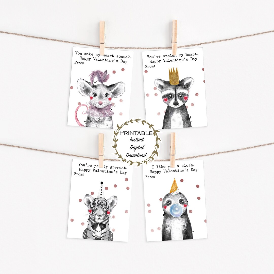 Wild Animal Printable Kids Valentines, Sloth Valentine, Raccoon, Tiger ...