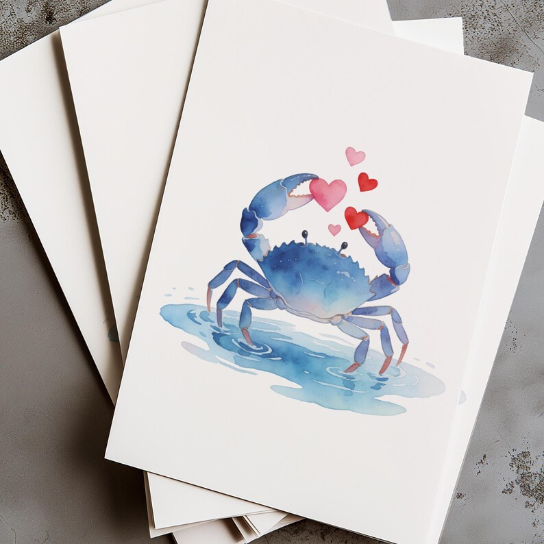Blue Crab Valentine Card Printable, Watercolor Heart Claws Anniversary ...