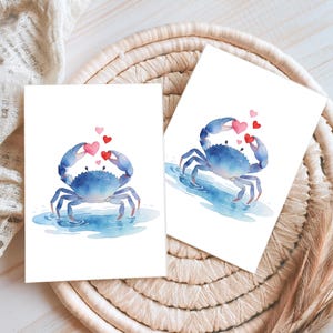 Blue Crab Valentine Card Printable, Watercolor Heart Claws Anniversary ...