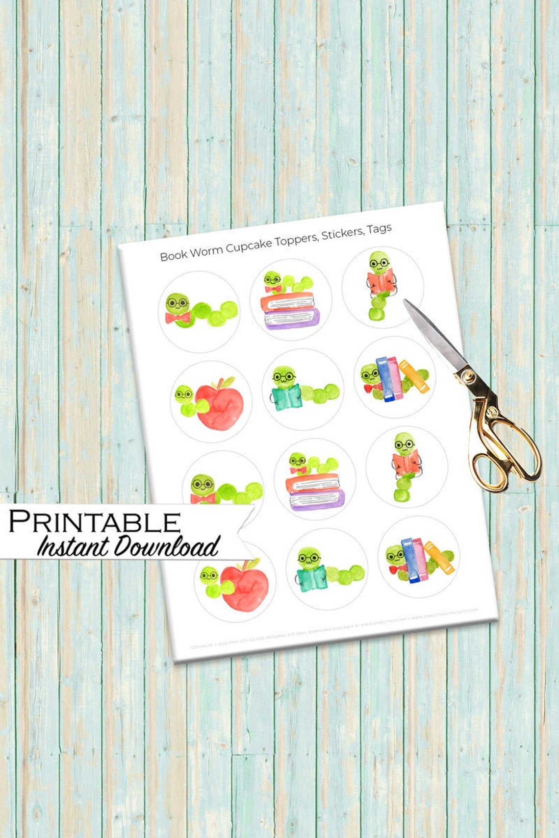 Bookworm Cupcake Toppers Printable for a Bookworm Party, Printable ...