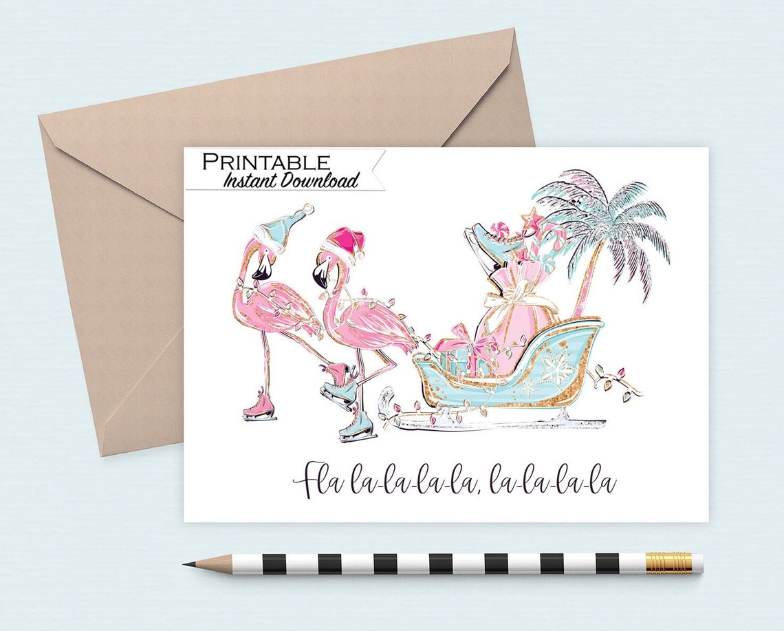 Flamingo Christmas Card Printable, Flalalalala Funny Christmas Card ...