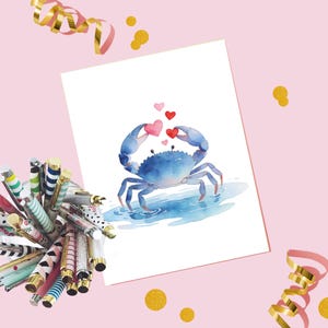Blue Crab Valentine Card Printable, Watercolor Heart Claws Anniversary ...