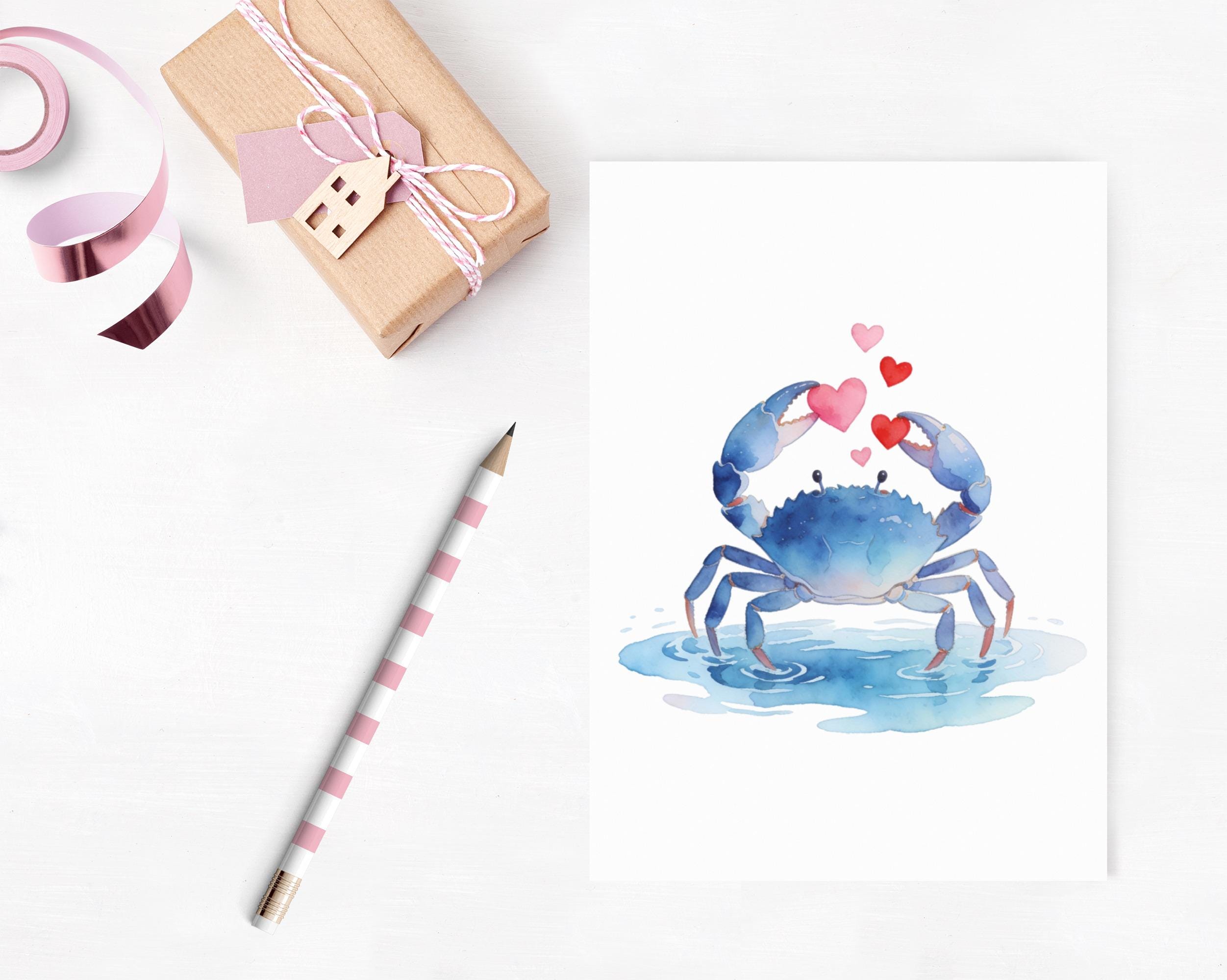 Blue Crab Valentine Card Printable, Watercolor Heart Claws Anniversary ...