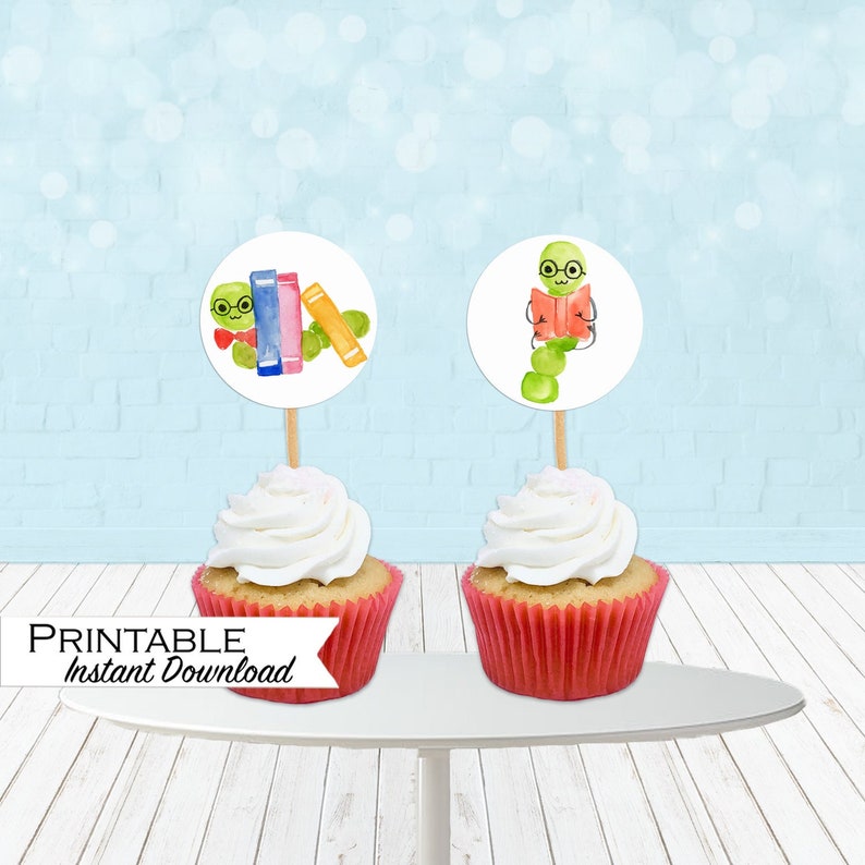 Bookworm Cupcake Toppers Printable for a Bookworm Party, Printable ...