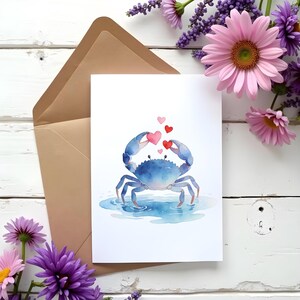 Blue Crab Valentine Card Printable, Watercolor Heart Claws Anniversary ...
