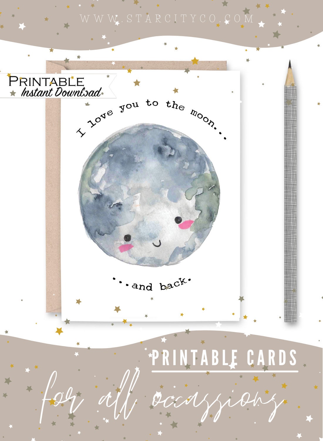 I Love You to the Moon and Back Printable Card, Watercolor Card for ...