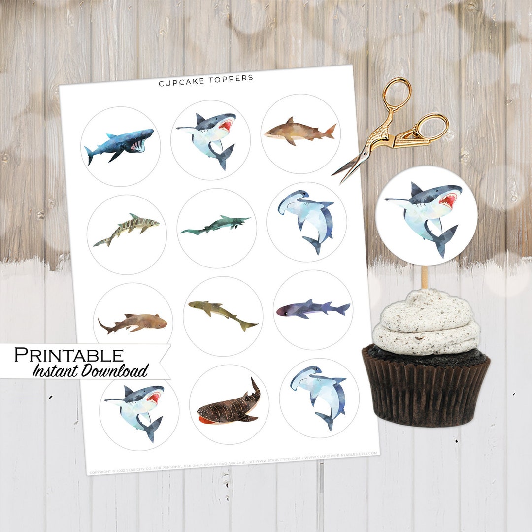 Shark Cupcake Toppers Printable, Whale Shark Birthday DIY, Great White ...