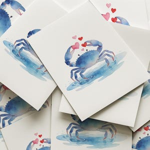 Blue Crab Valentine Card Printable, Watercolor Heart Claws Anniversary ...