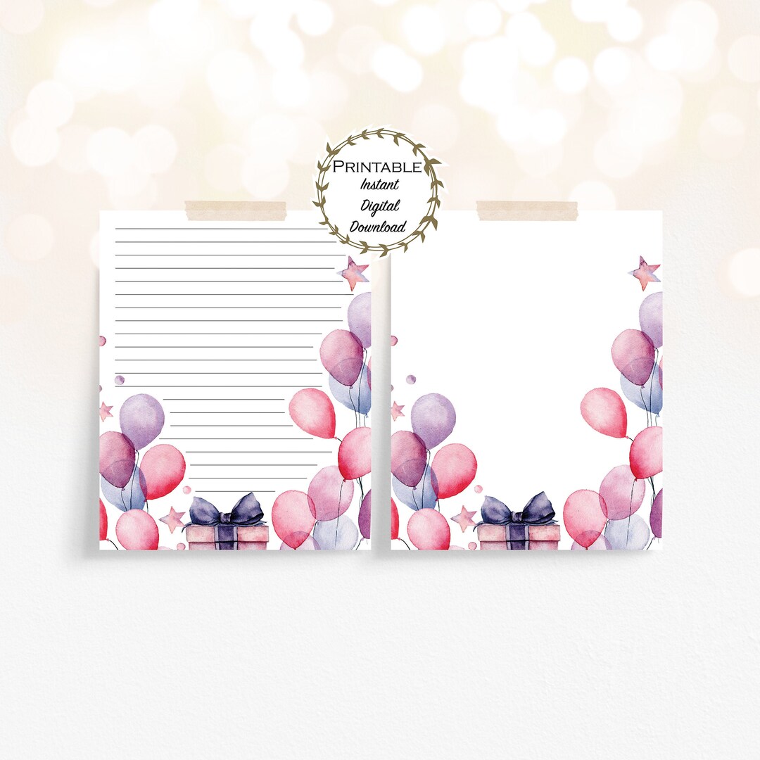 Birthday Stationery Set, Pink & Purple Birthday Balloons Stationery ...