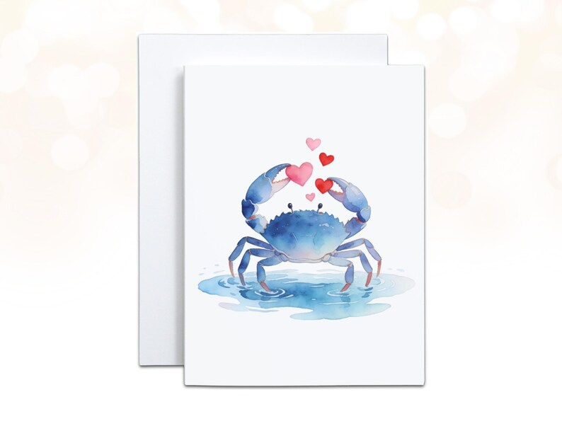 Blue Crab Valentine Card Printable, Watercolor Heart Claws Anniversary ...