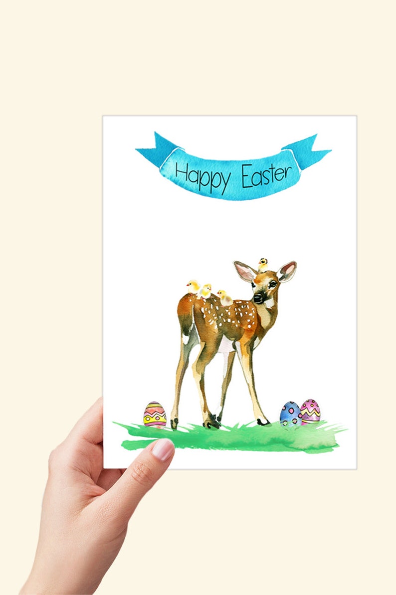 Happy Easter Egg Card Printable Cute Deer and Baby Chicks | Etsy