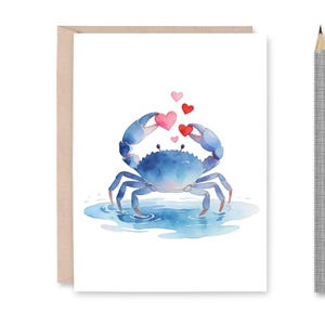 Blue Crab Valentine Card Printable, Watercolor Heart Claws Anniversary ...