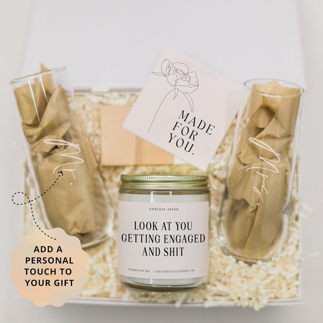 Personalized Engagement Gift Box for Her, Candle and Champagne Flutes ...