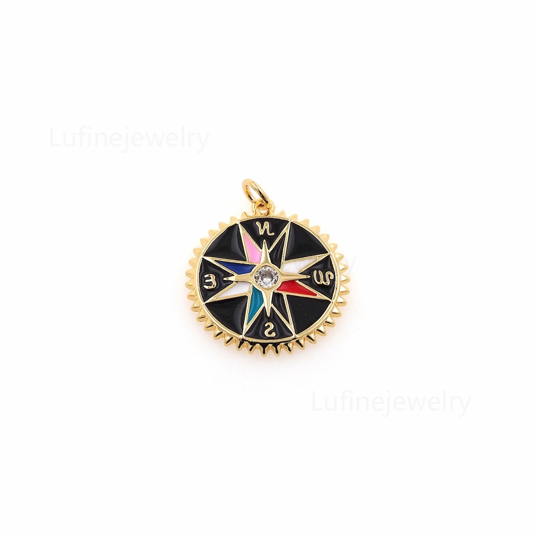 18K Gold Filled Enamel Compass Pendant,cz Micro Pave Compass Charm ...