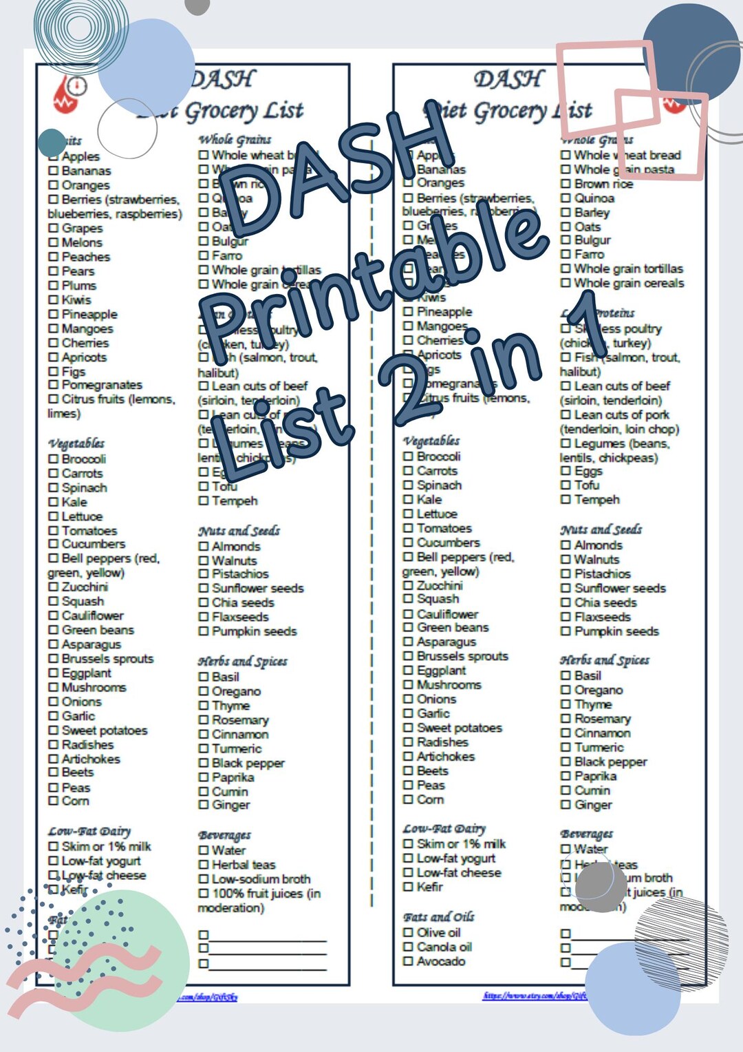 DASH Foods Grocery Shopping Foods List Instant Download Pdf 2 in 1 - Etsy
