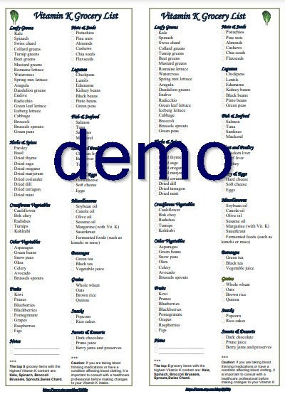 Vitamin K Rich Grocery List Printable Instant Download 2 in 1 PDF - Etsy
