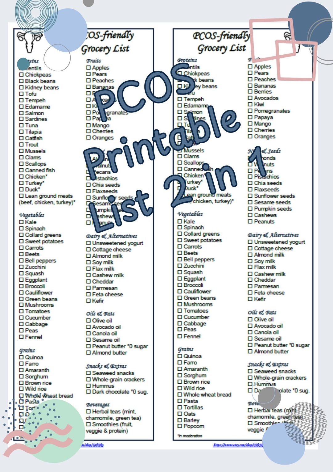PCOS Diet Foods Grocery Shopping List Instant Download 2 in 1 PDF - Etsy