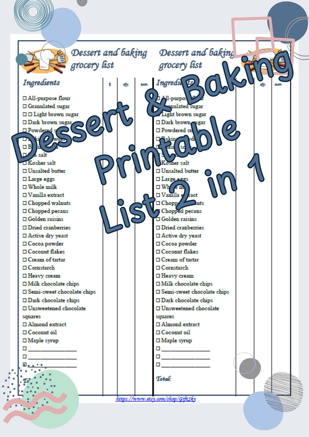 Dessert and Baking Ingredients Printable 2 in 1 Shopping Grocery List ...