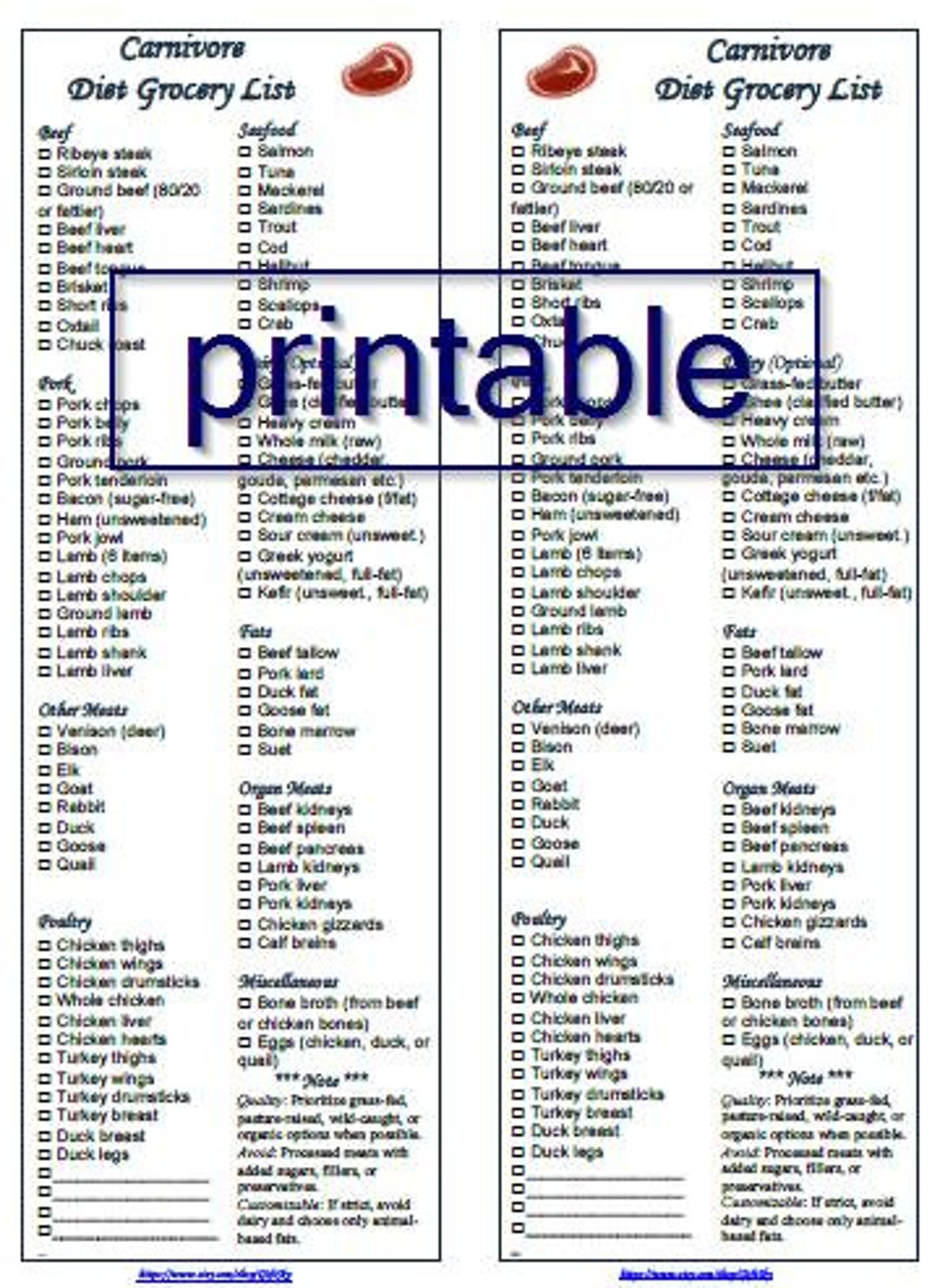 Printable Carnivore Grocery List Foods Shopping List Instant Download ...