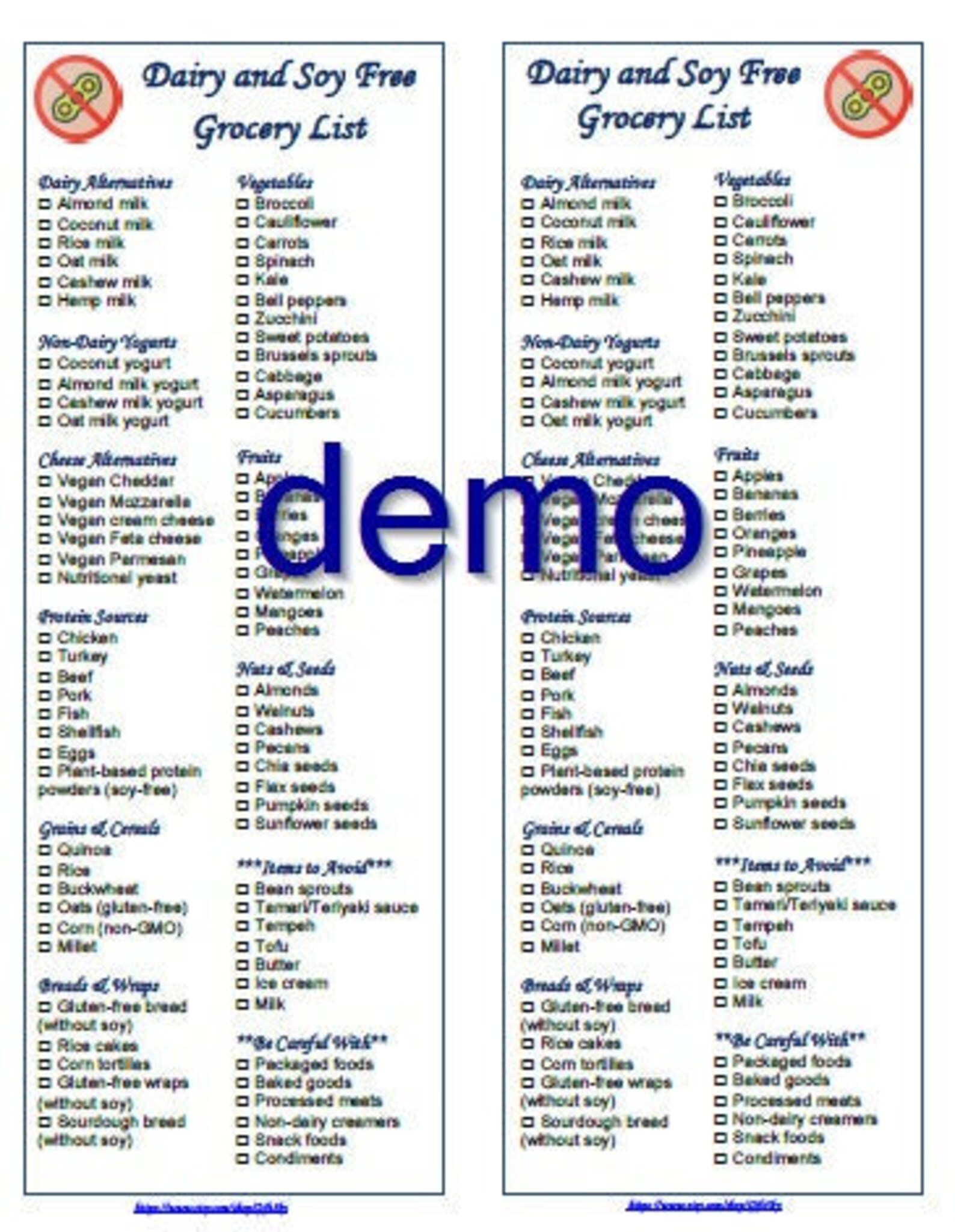 Printable Soy & Dairy Free Grocery Foods Shopping List 2 in 1 PDF ...