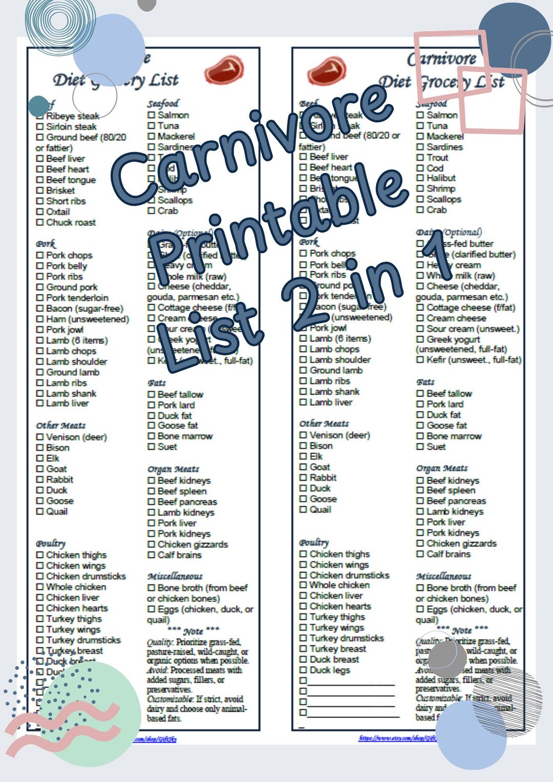 Printable Carnivore Grocery List Foods Shopping List Instant Download ...
