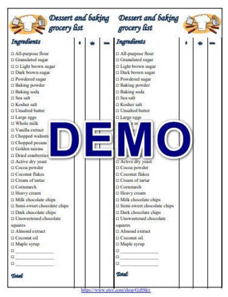 Printable 2 in 1 Dessert and Baking Ingredients Shopping Grocery List ...