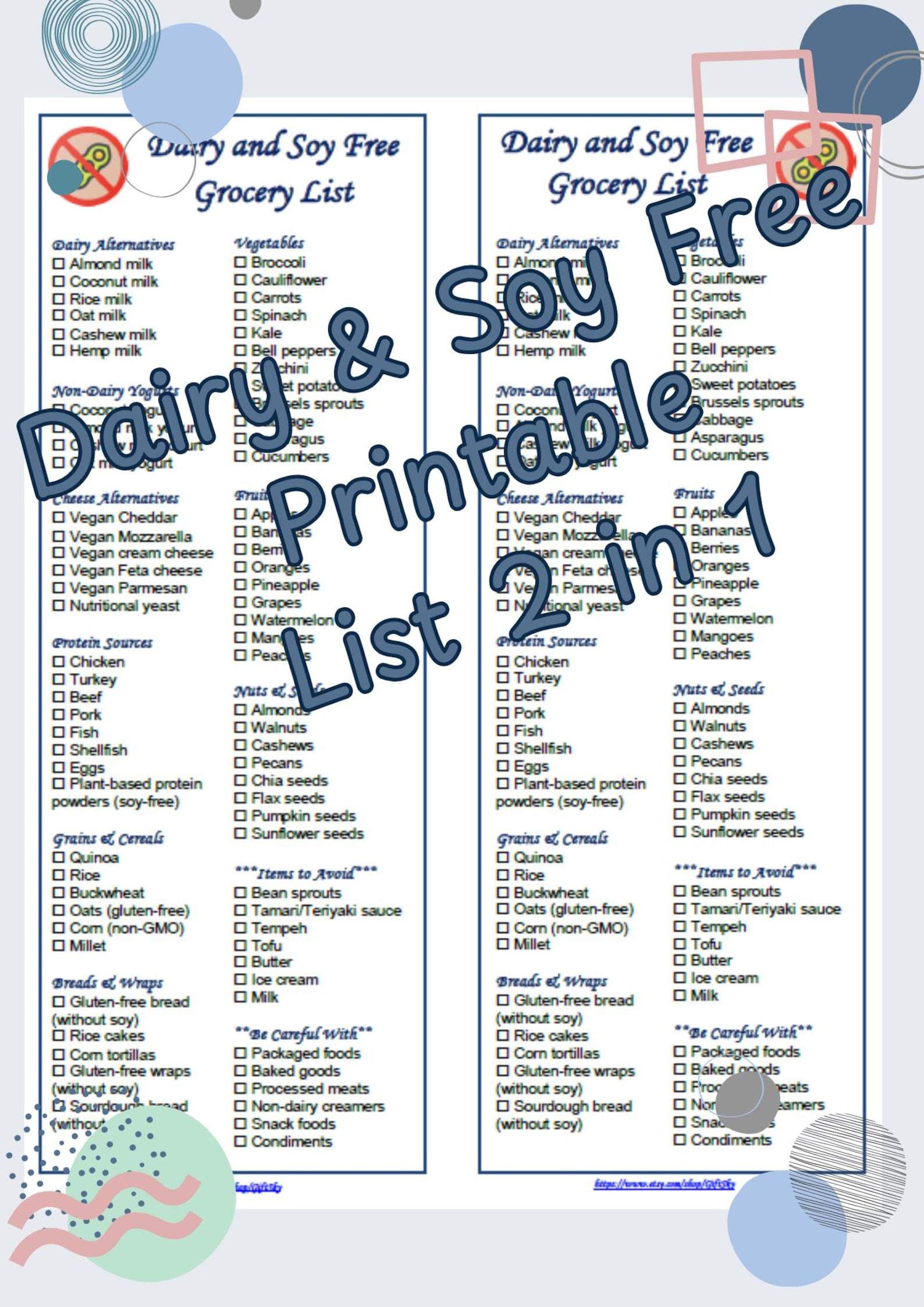 Printable Soy & Dairy Free Grocery Foods Shopping List 2 in 1 PDF ...