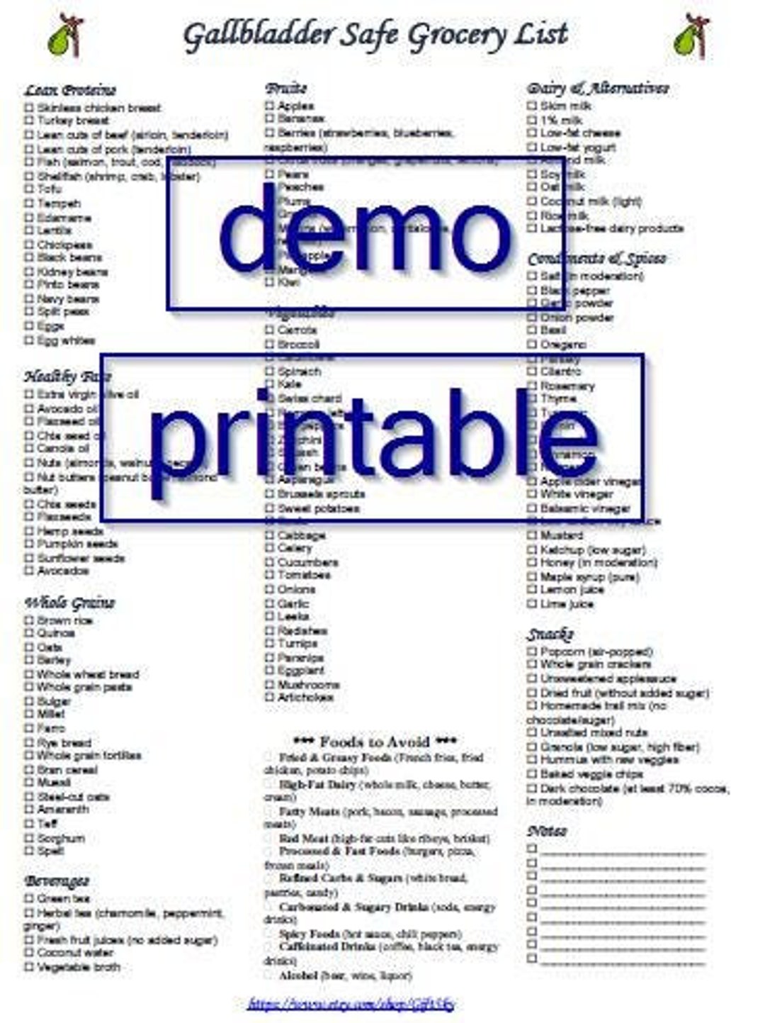 Gallbladder Health Extended Printable Grocery Shopping Foods List ...