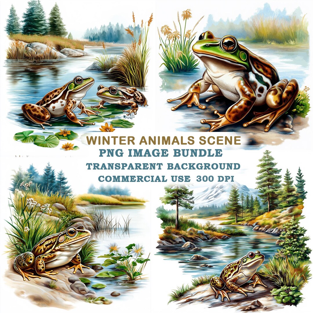 American Bullfrog Retro Winter Scene Digital Clipart Bundle High ...