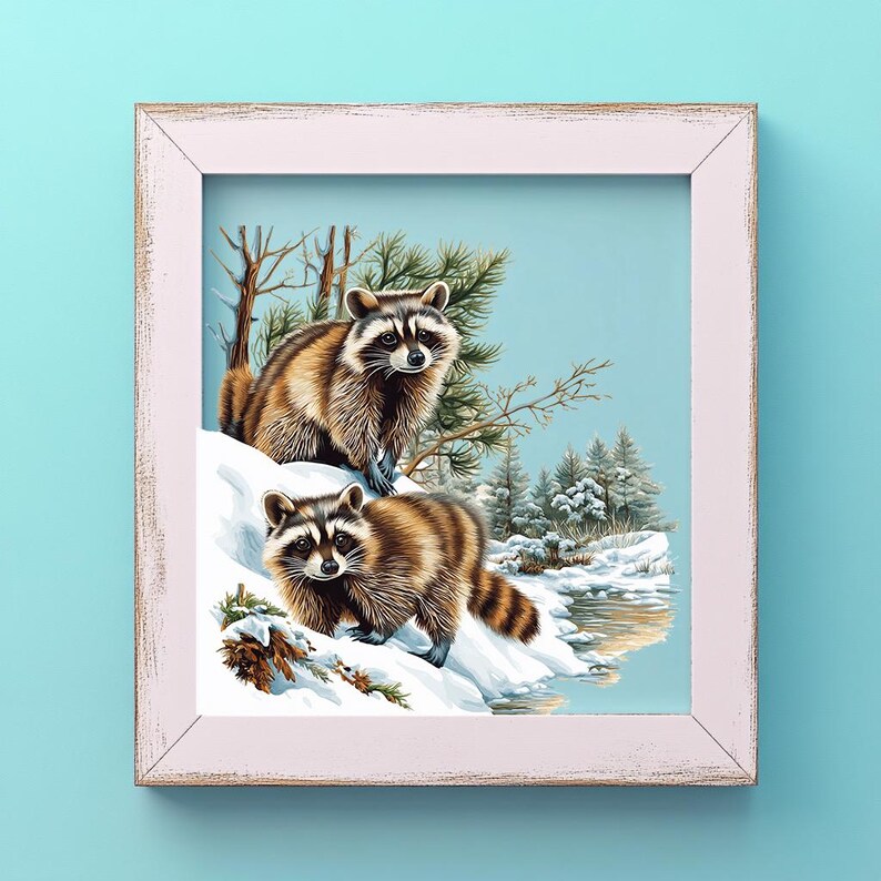 Raccoons Retro Winter Scene Digital Clipart Bundle High-resolution PNG ...