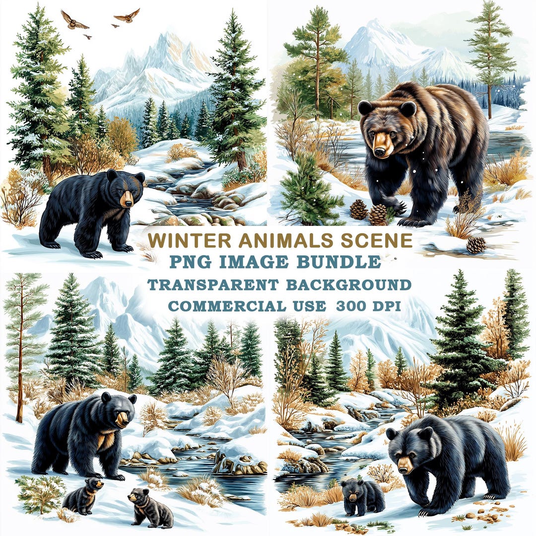 Black Bear Retro Winter Scene Digital Clipart Bundle High-resolution ...