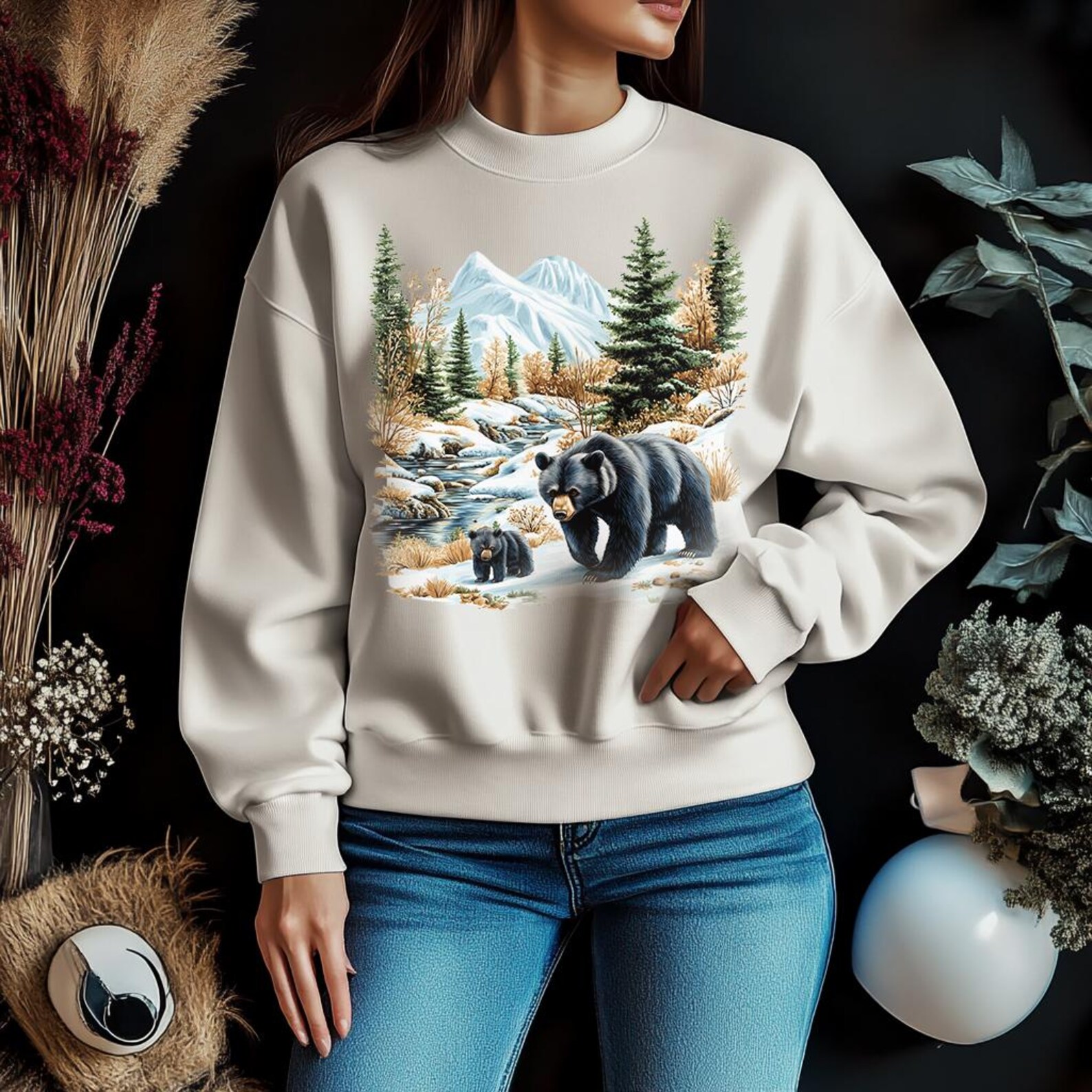 Black Bear Retro Winter Scene Digital Clipart Bundle High-resolution ...
