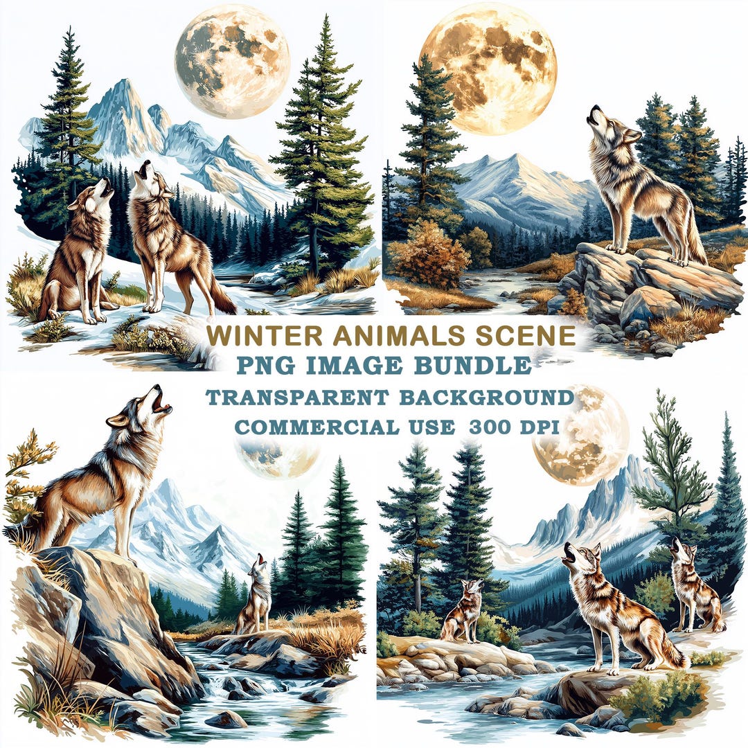 Wolves Howling at Moon Clipart: Retro Winter Scene PNG Bundle - Etsy