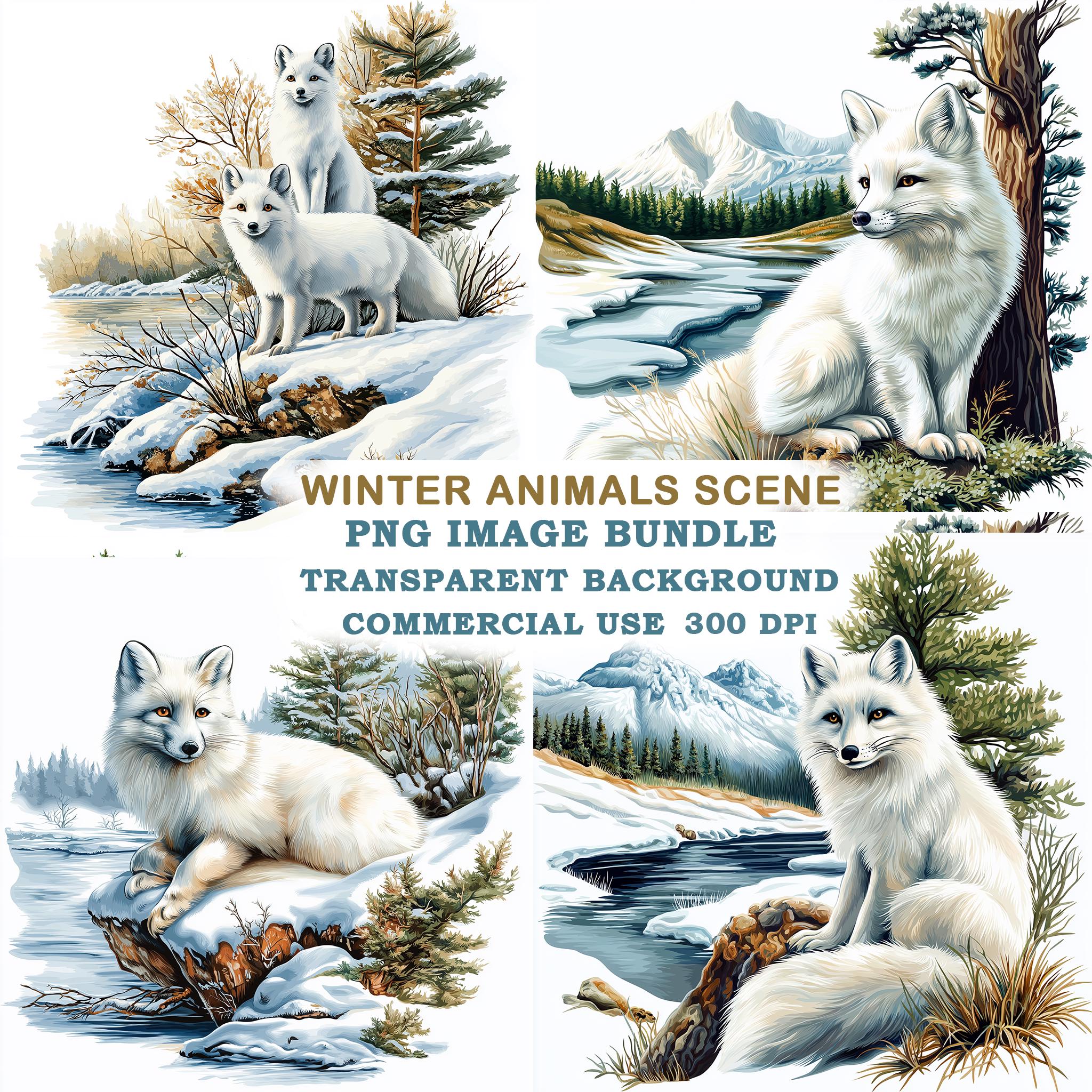 Arctic Fox Winter Scene Clipart Bundle: Retro PNG Designs (digital ...