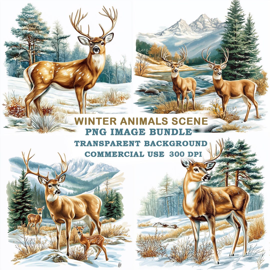 Whitetail Buck Deer Winter Scene Clipart Bundle (PNG) - Etsy