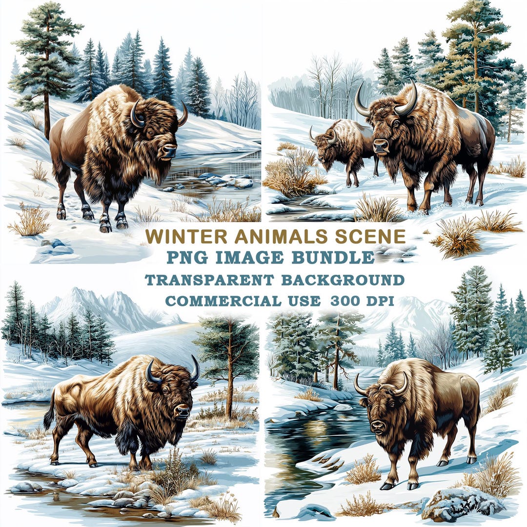 Bison Retro Winter Scene Digital Clipart Bundle High-resolution PNG ...