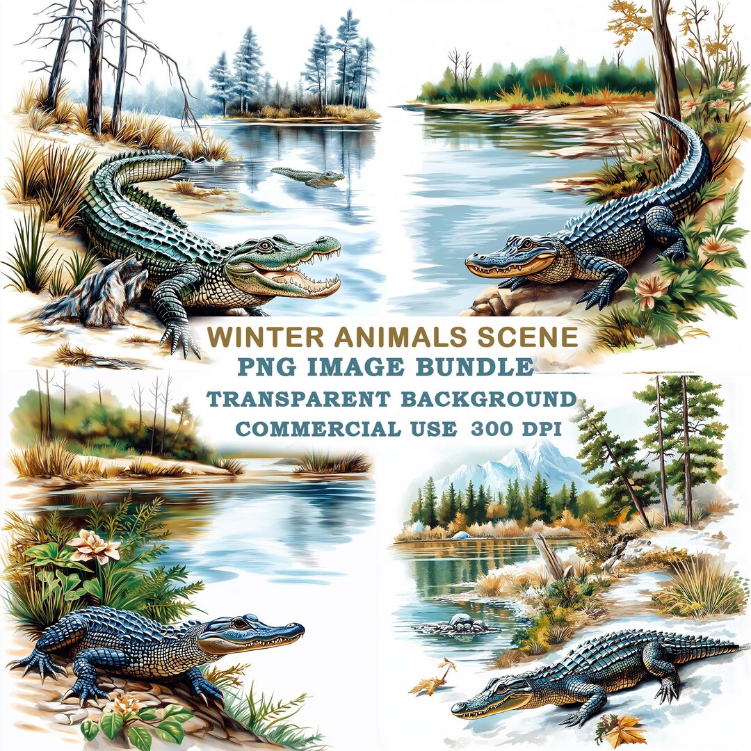 Alligator Retro Winter Scene Digital Clipart Bundle High-resolution PNG ...