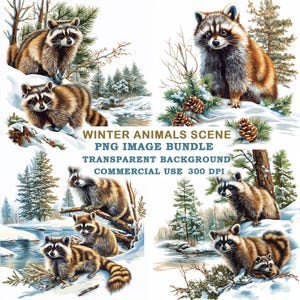 Raccoons Retro Winter Scene Digital Clipart Bundle High-resolution PNG ...