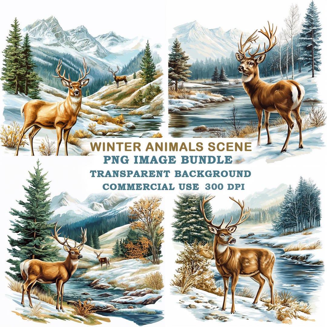 Deer Retro Winter Scene Digital Clipart Bundle High-resolution PNG ...